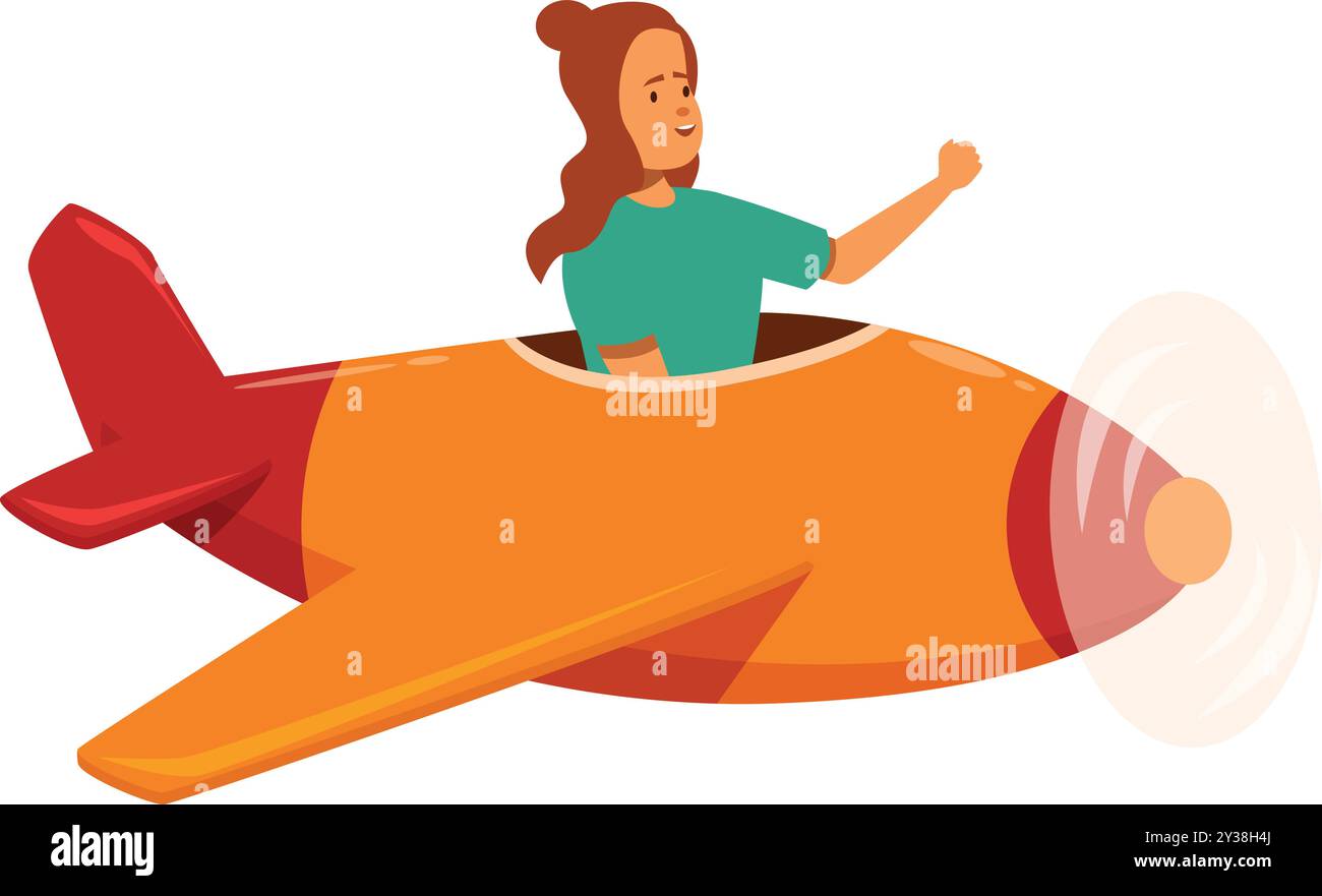 Happy young woman with brown hair tied in a bun is flying a plane and ...