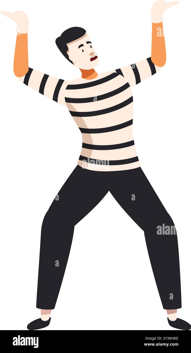 Mime artist performing, wearing black and white striped shirt, is ...