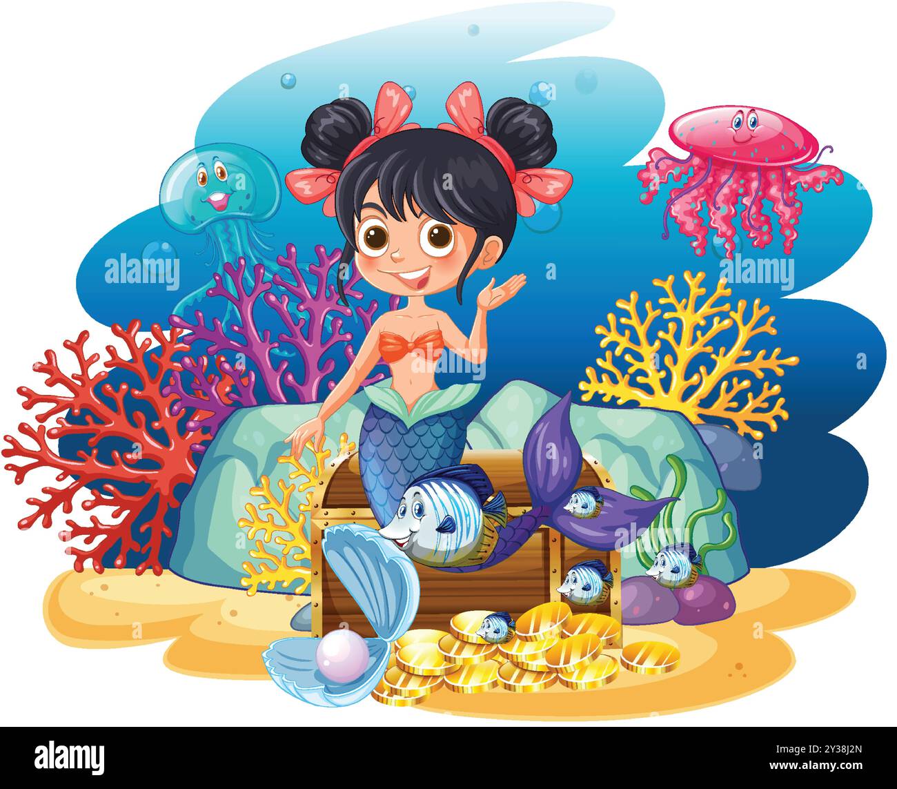 Mermaid with treasure chest and sea creatures Stock Vector Image & Art ...