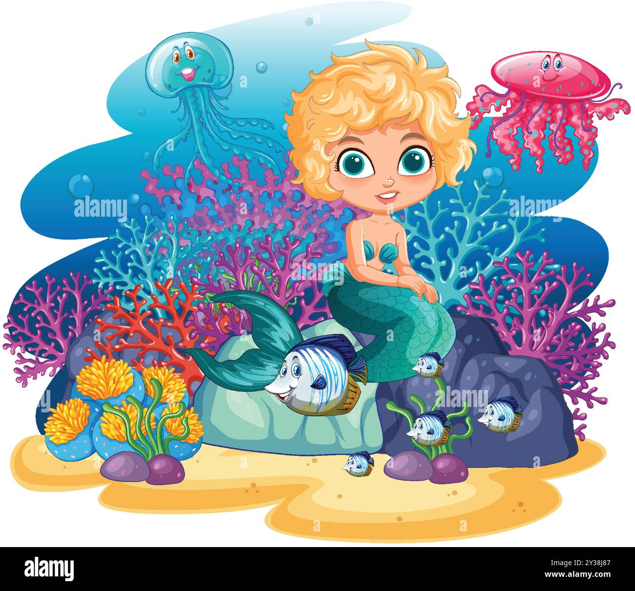 Mermaid with fish, jellyfish, and colorful coral reef Stock Vector ...