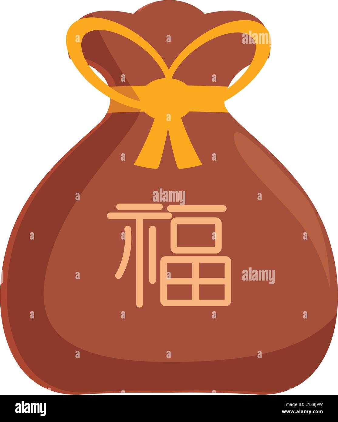 Brown money bag with yellow ribbon and chinese character for fortune on ...
