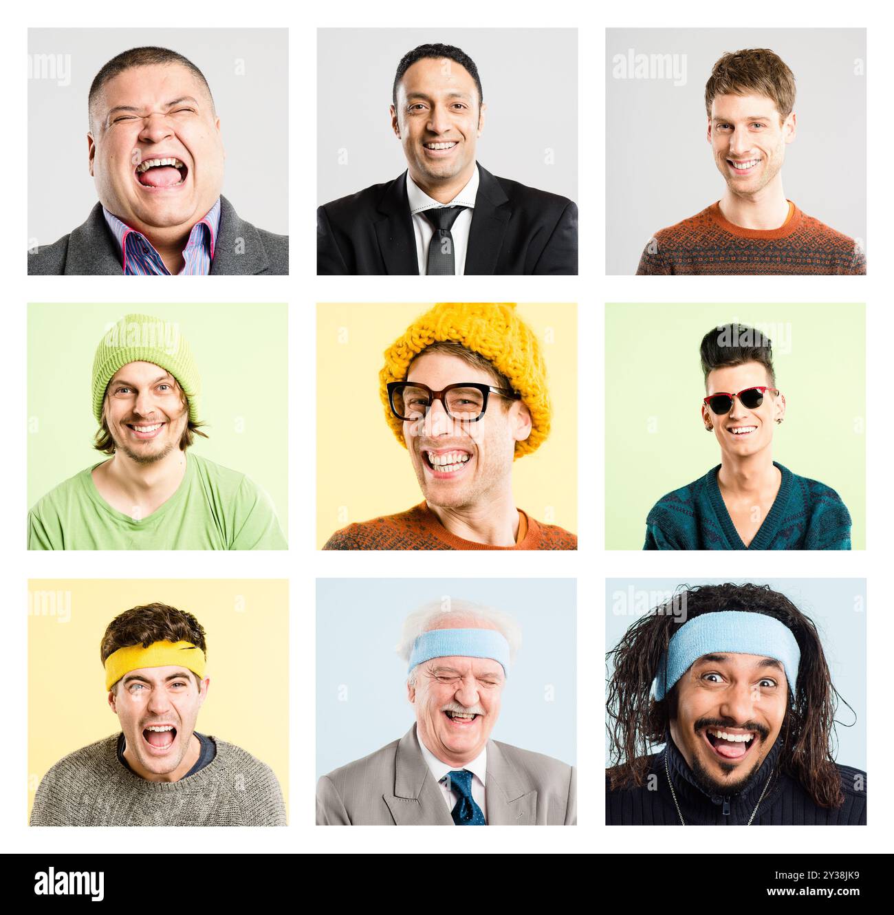 Portrait, collage and men with diversity, happiness and accessories on ...