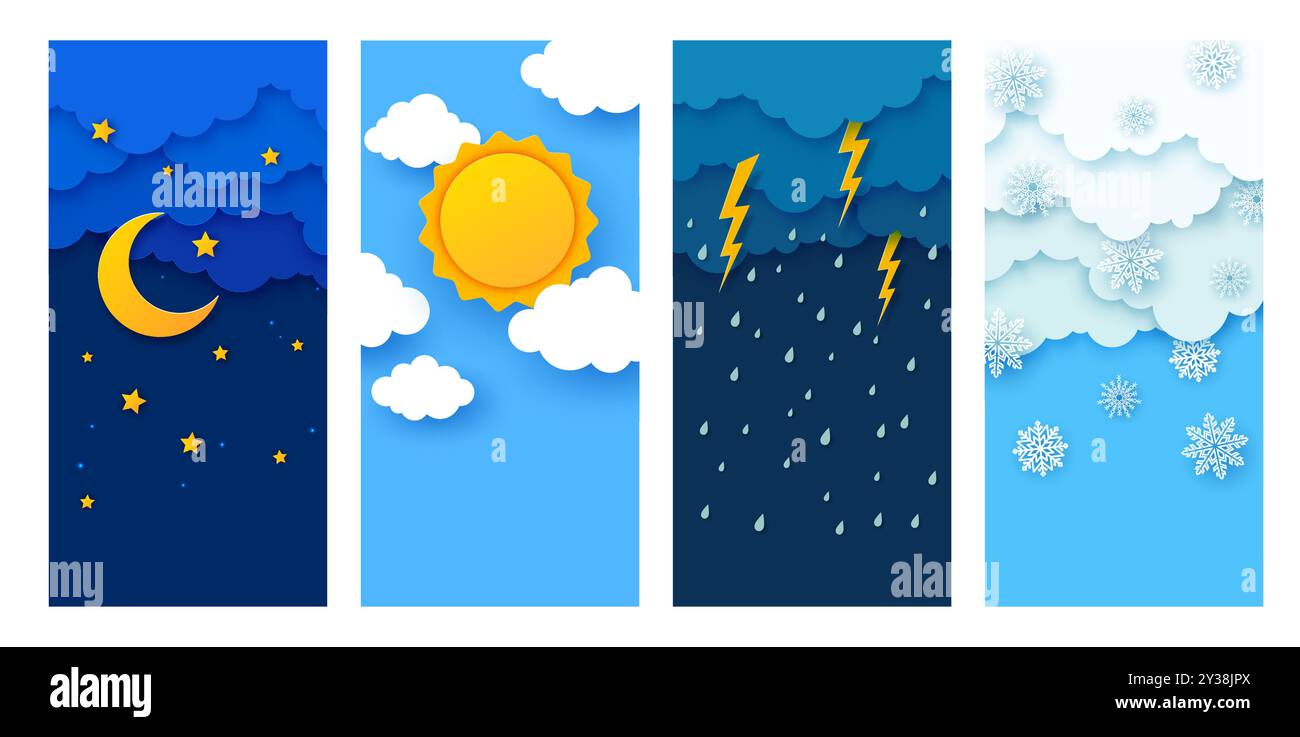 Weather paper cut with vector rain, clouds, sun, snow and lightnings on ...