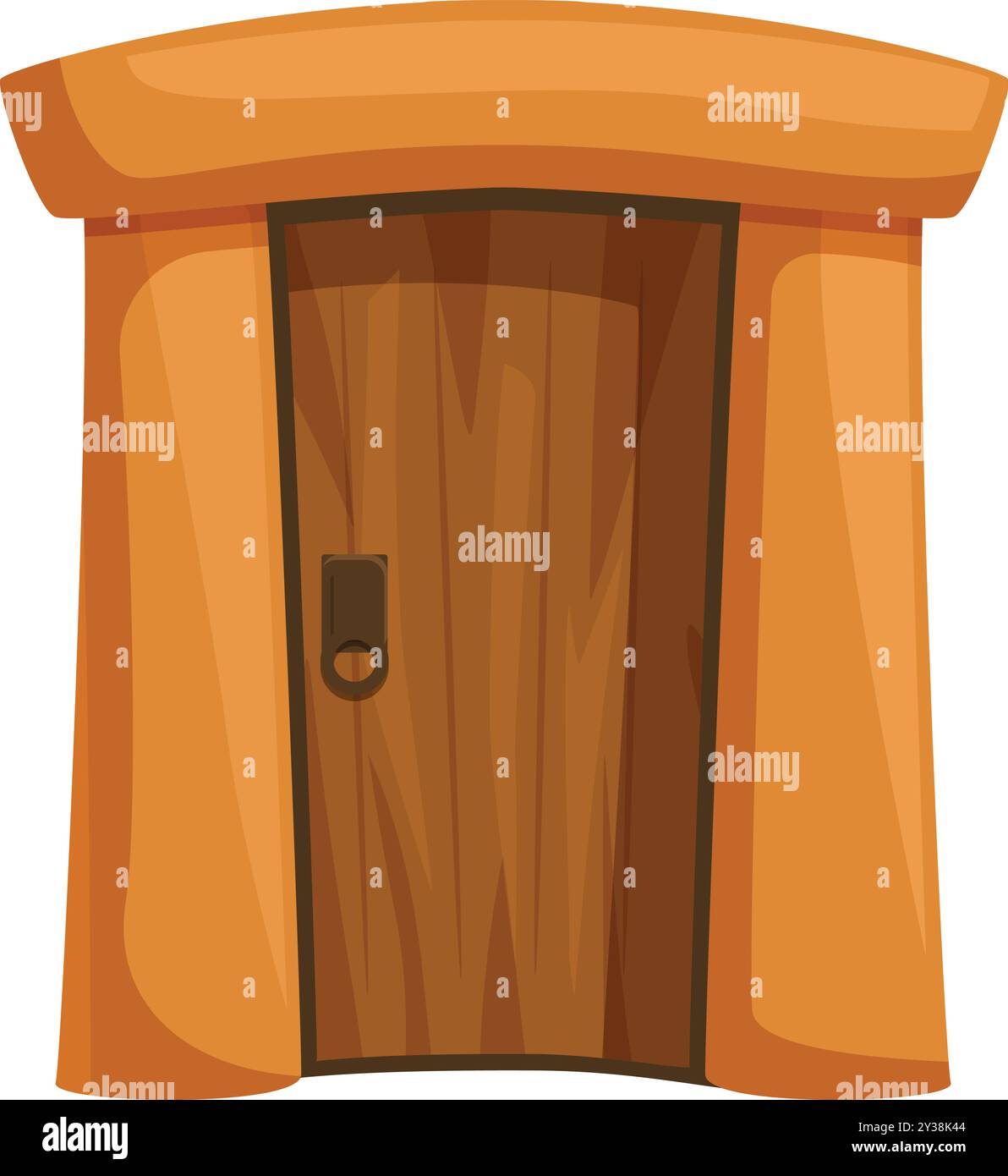 Cartoon wooden door with stone frame, handle and hinges, isolated on ...