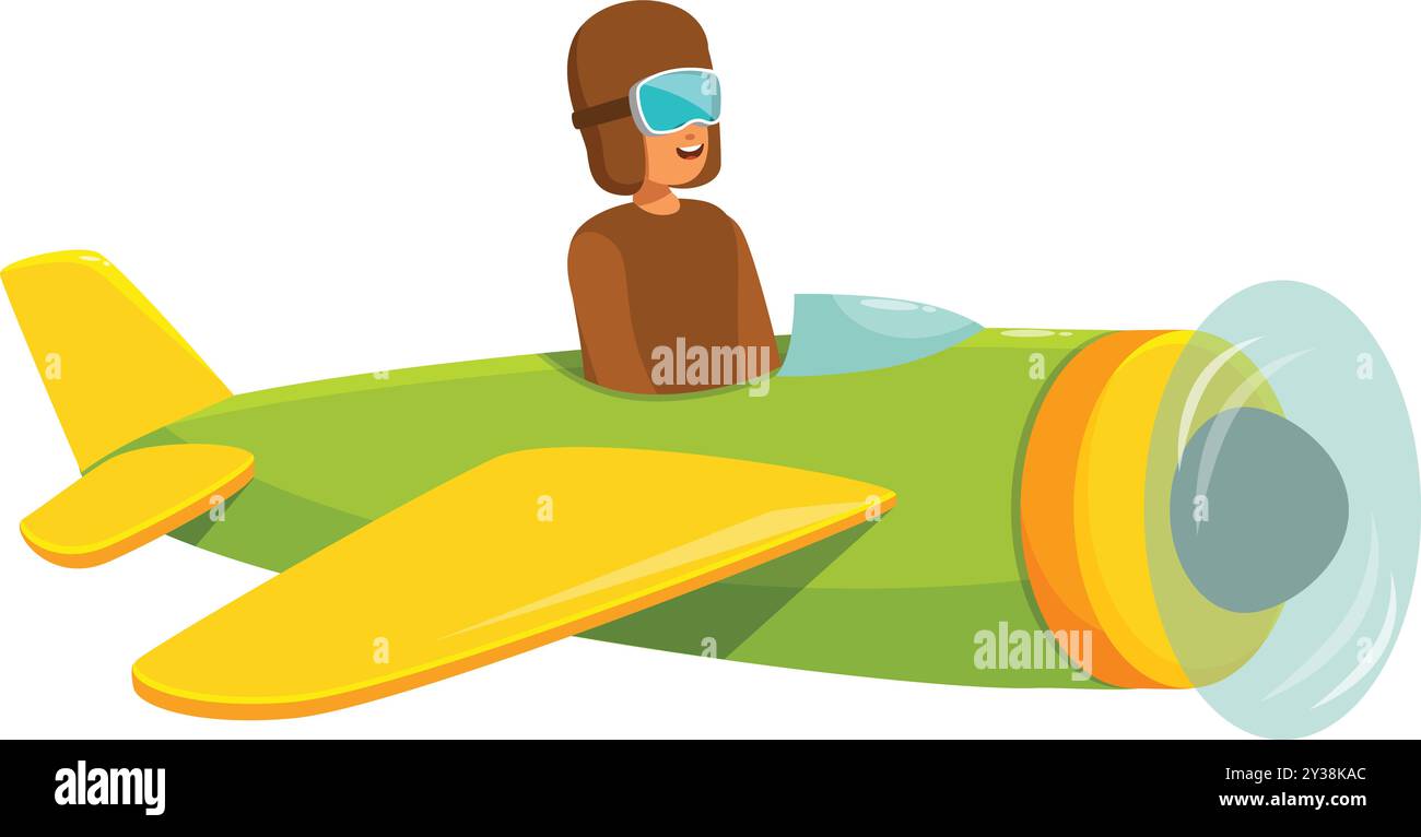 Cartoon pilot is flying a plane while wearing a brown helmet and ...