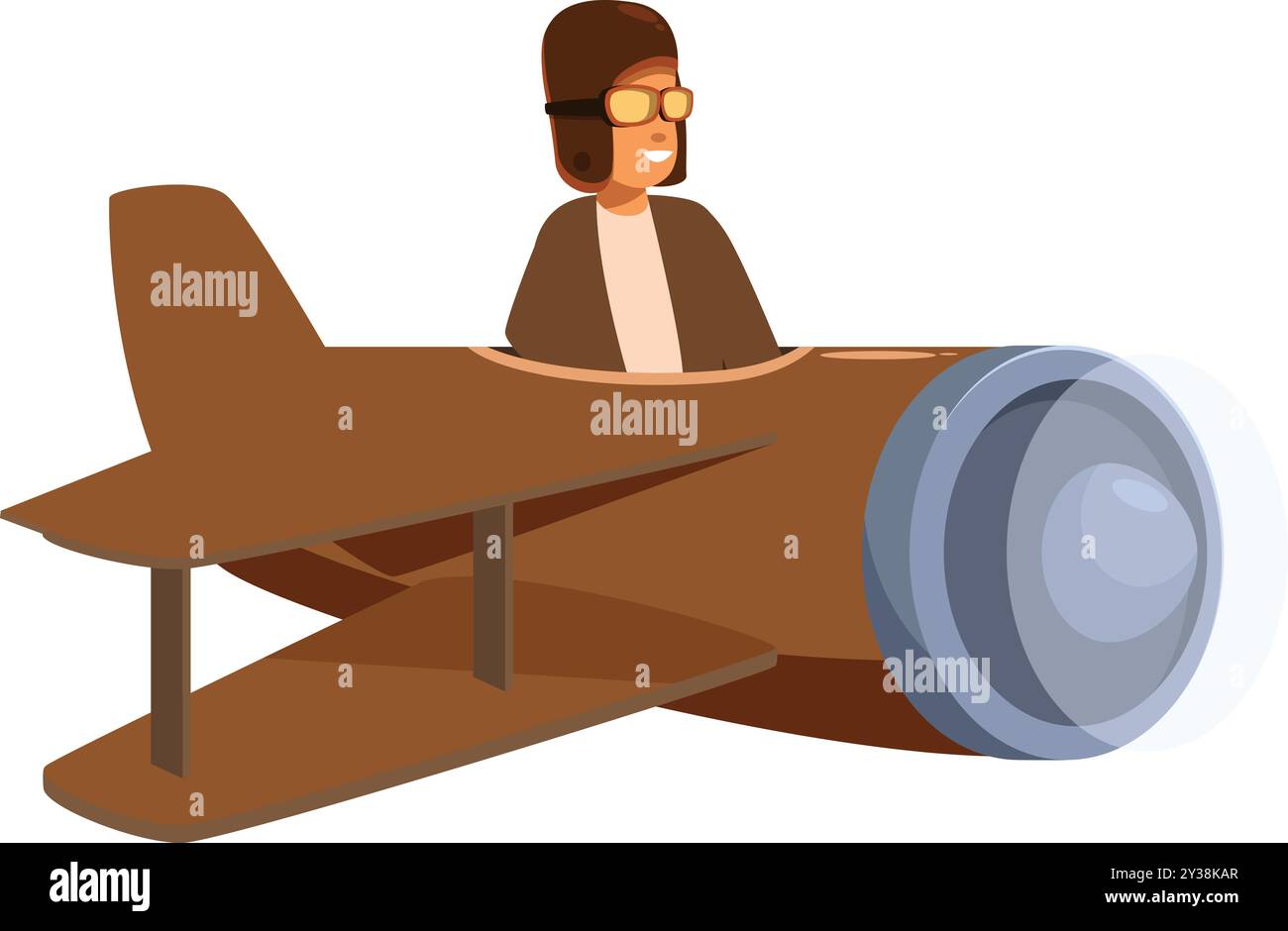 Pilot wearing a brown leather aviation helmet and goggles is flying a ...