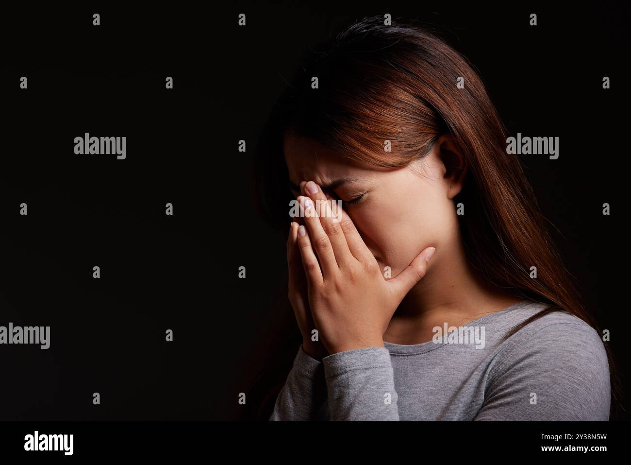 Sad, woman and crying with mockup space for abuse, mental illness or ...