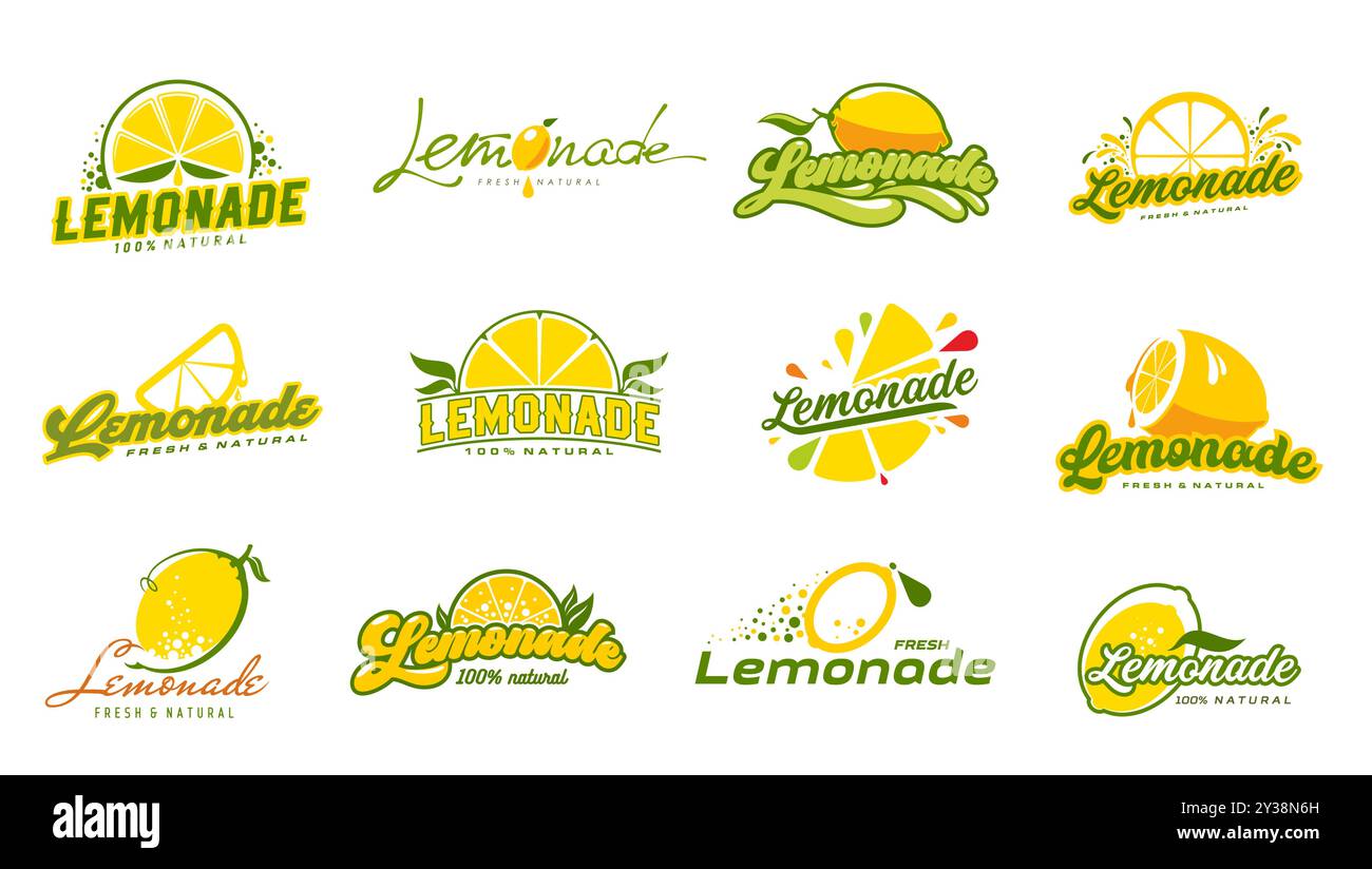 Lemonade drink icons set, lemon fruit juice vector labels with fresh ...