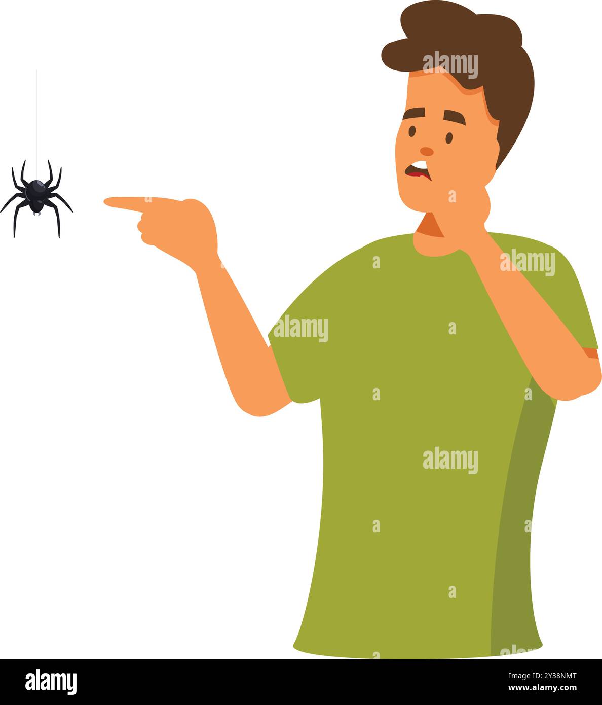 Terrified man pointing his finger at a spider hanging from a web Stock ...