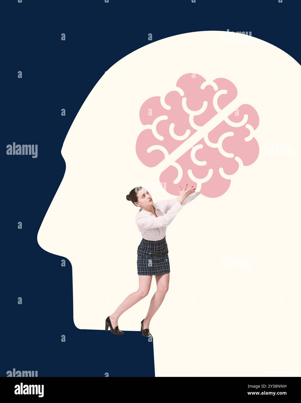 Woman struggling to carry brain, standing inside male head silhouette ...