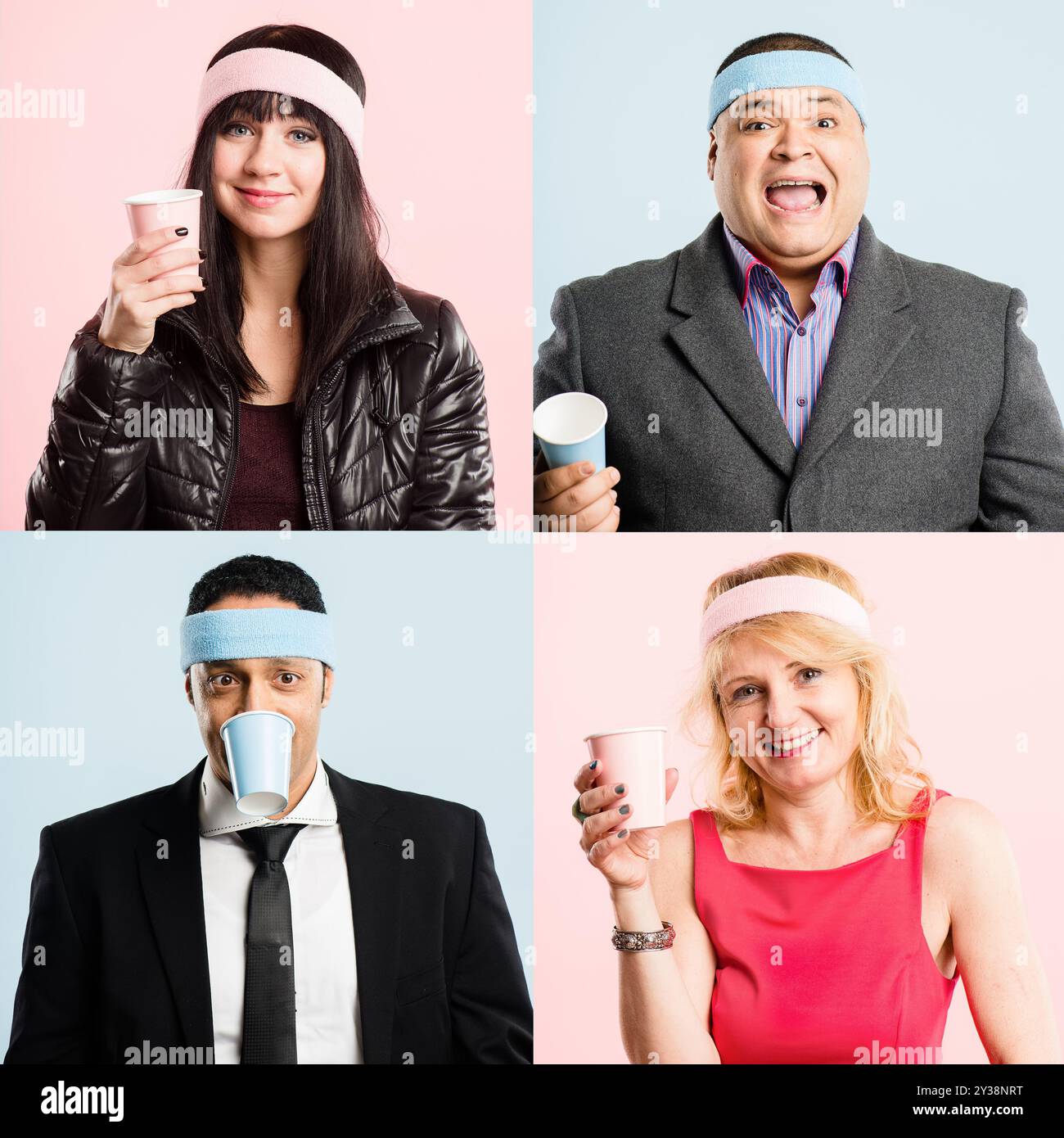 Collage, portrait and happy people with coffee cup in studio for ...