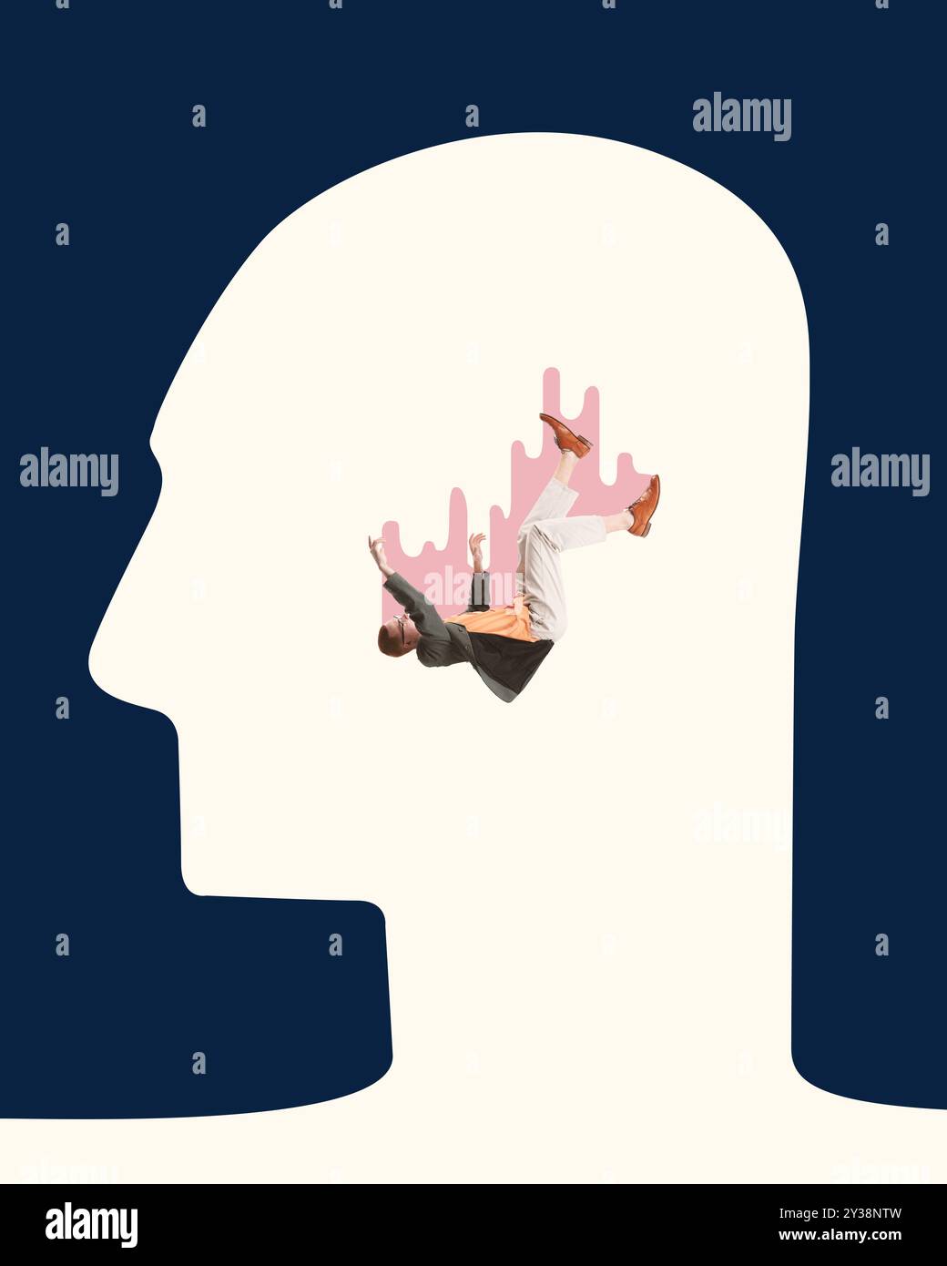 Man falling down inside abstract head silhouette. Internal struggle ...