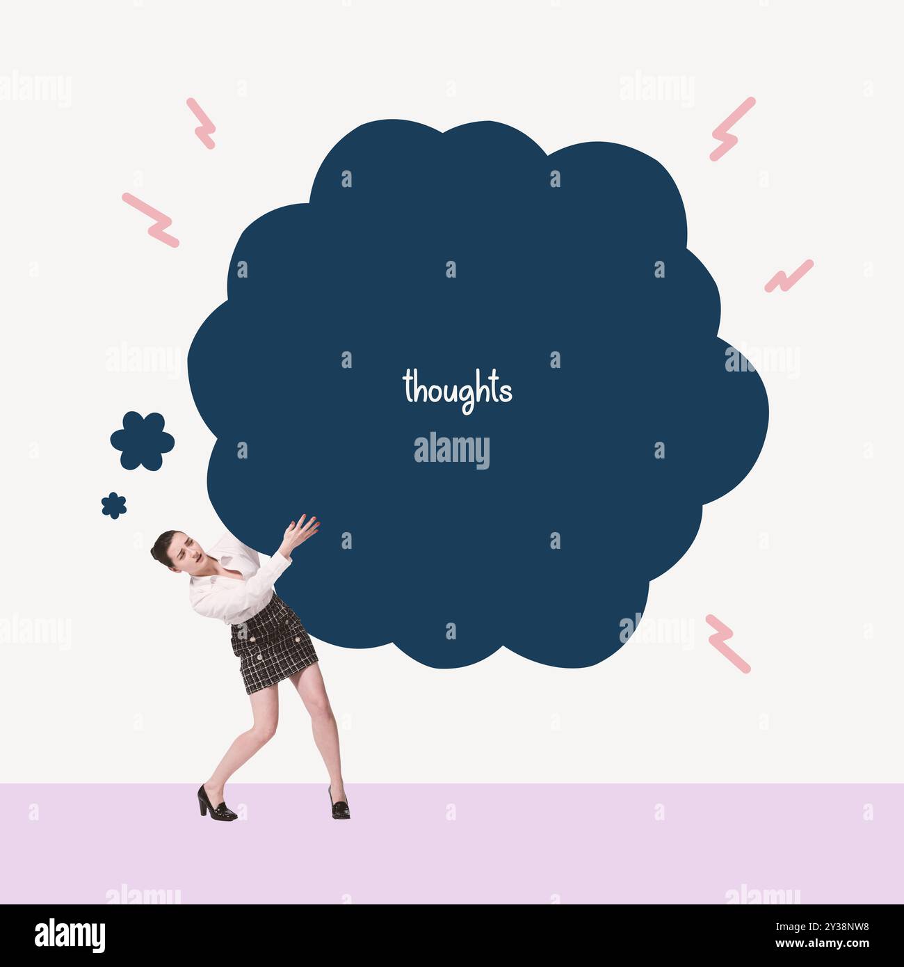 Woman struggling to lift heavy thought bubble, illustration mental ...