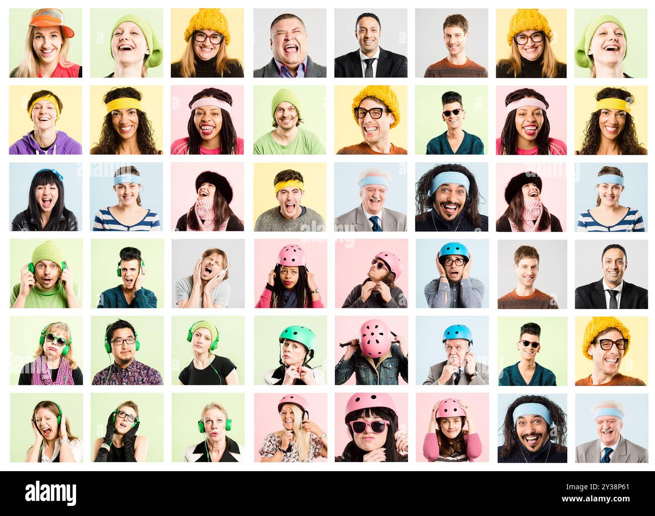 Collage, portrait and happy people with hat, fashion and smile with ...