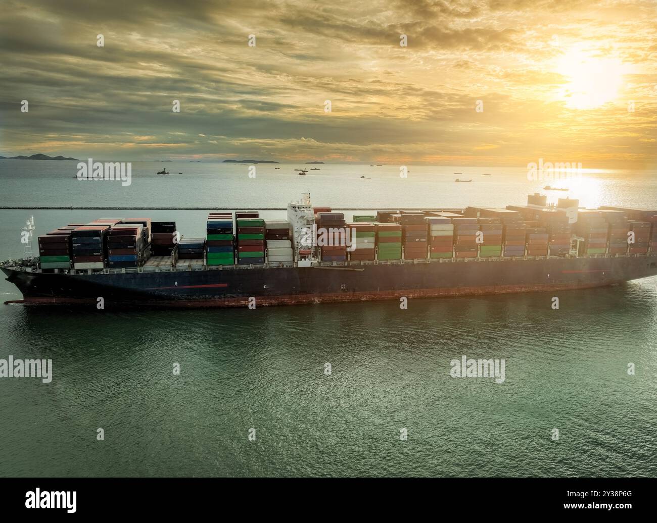 Aerial view of container cargo ship at sea. International shipping and ...