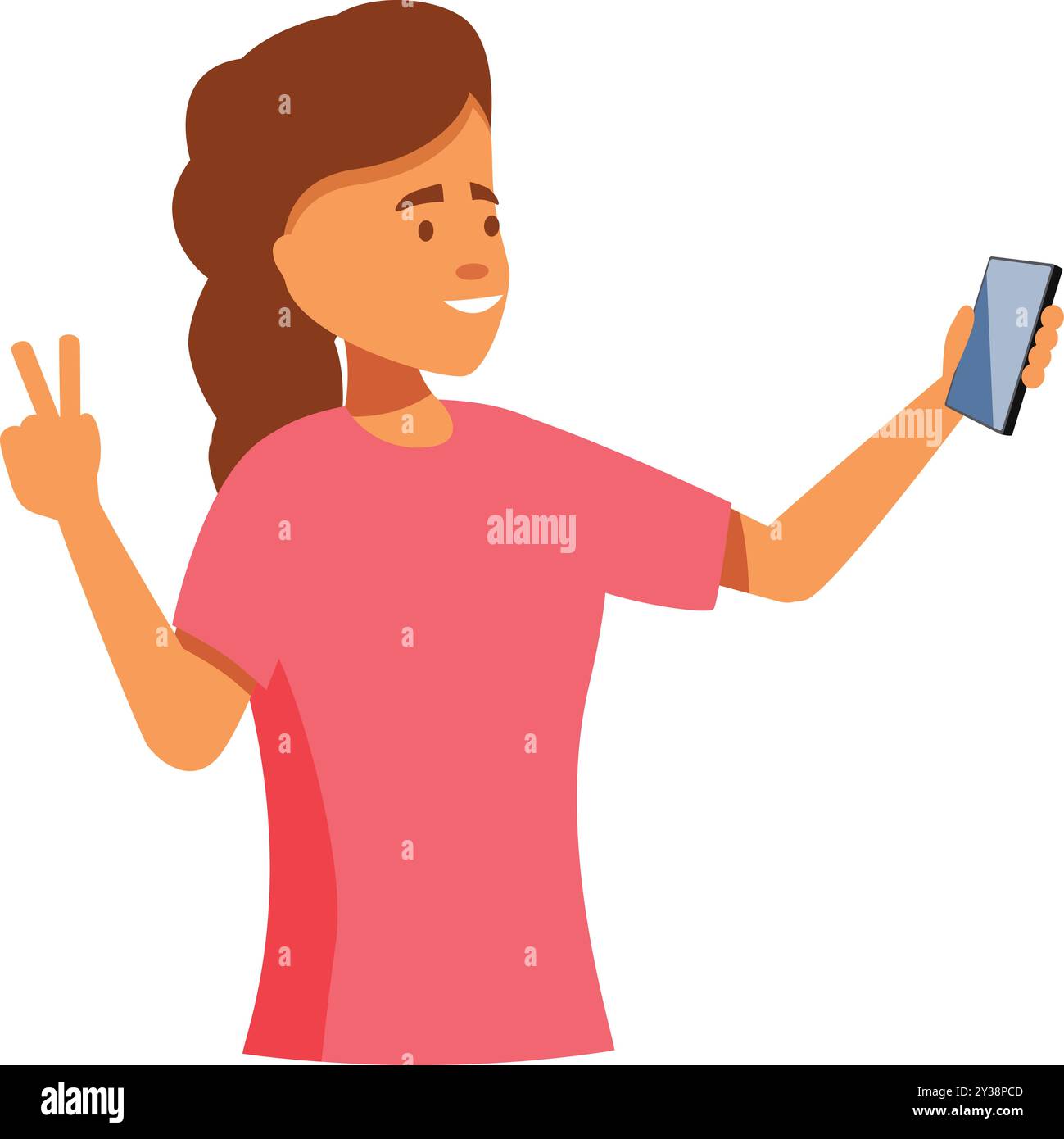 Young woman is holding her smartphone and making the peace sign while ...