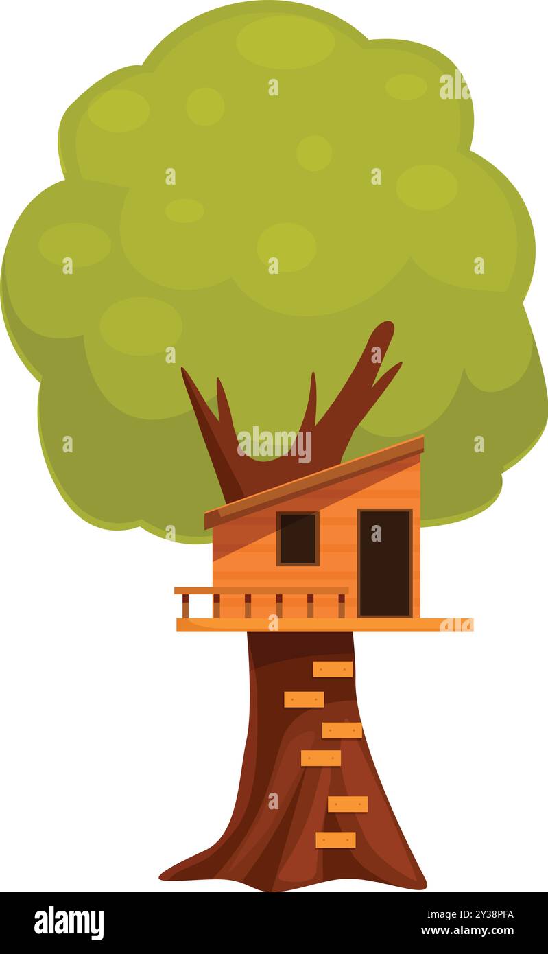 Cartoon tree house with brown wooden walls and roof standing high on ...