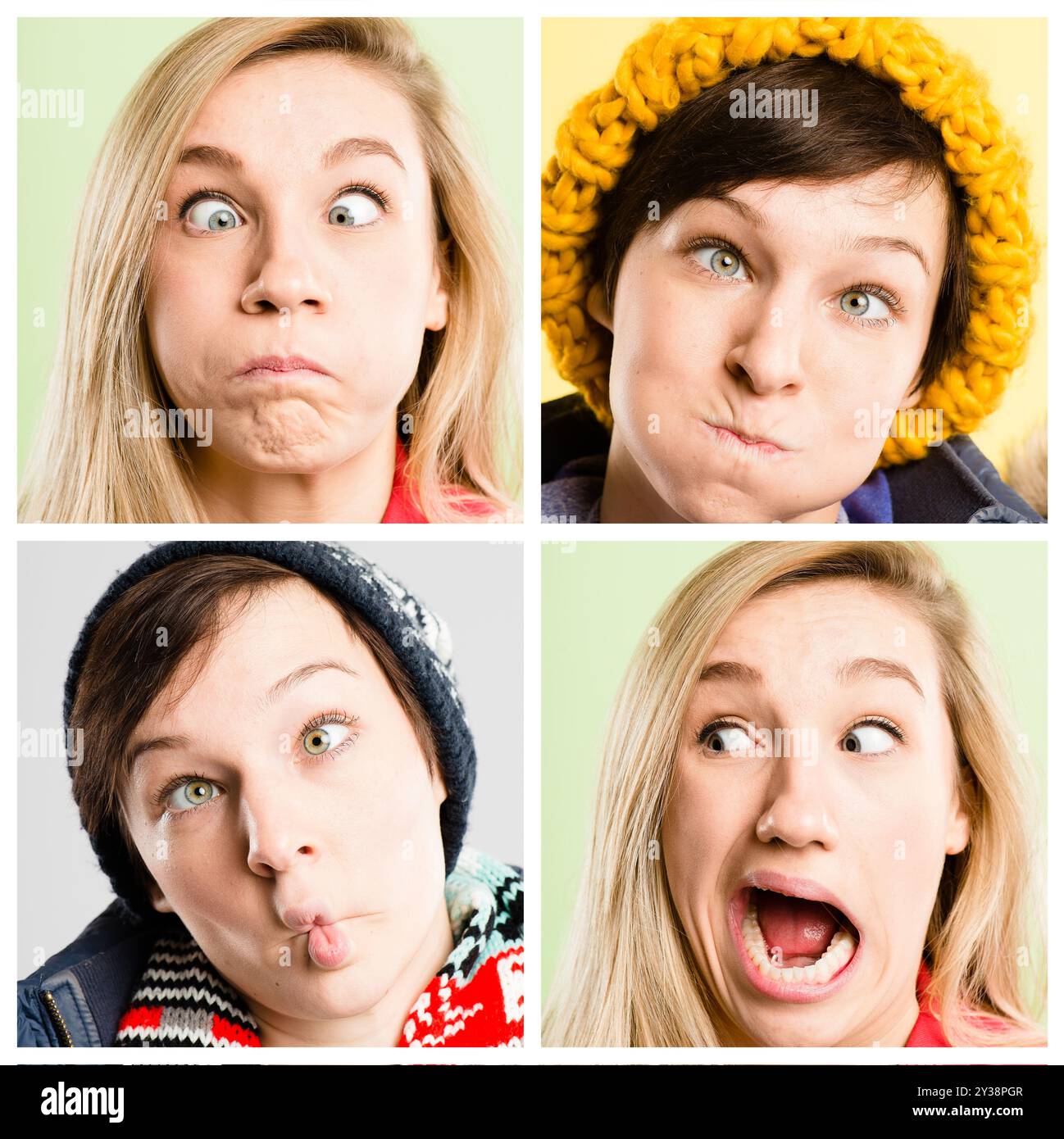 Funny, composite and women in studio with silly, goofy and comic face ...