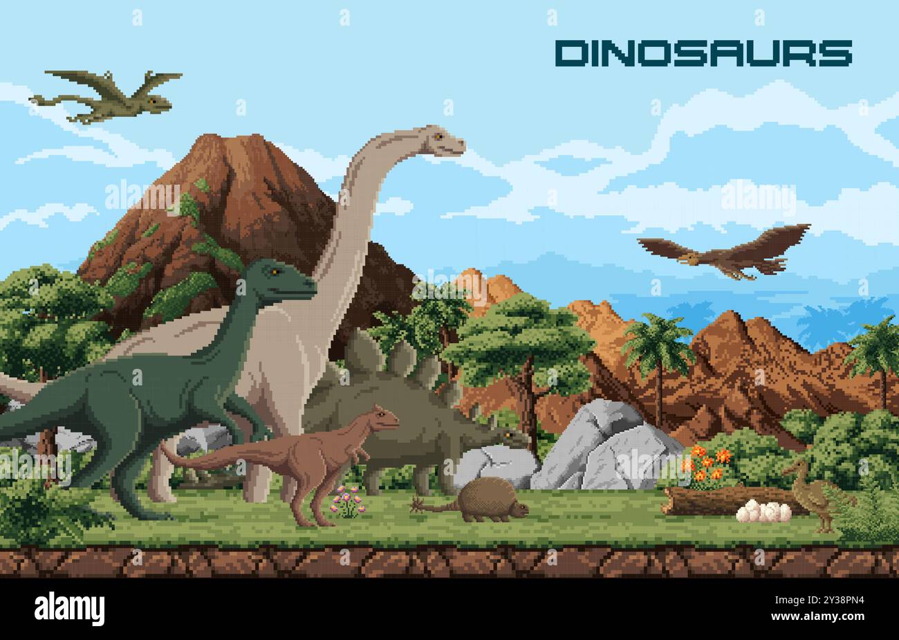 8 bit pixel art prehistoric dinosaurs and Jurassic lizards in forest ...