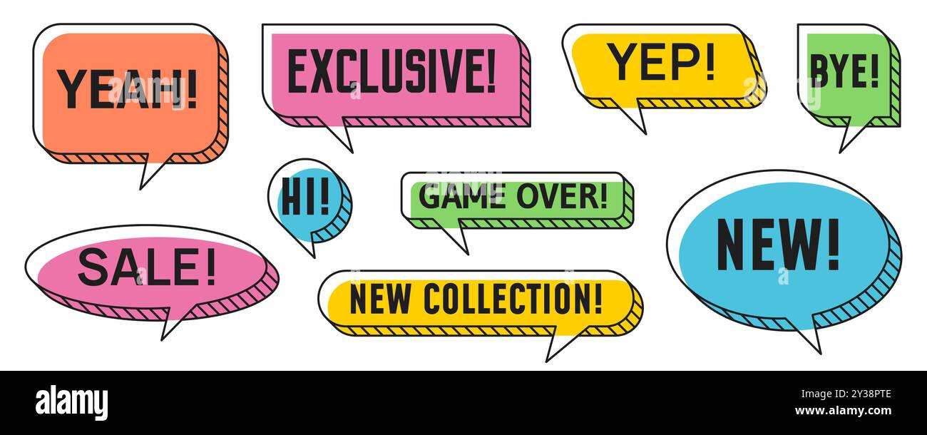 Memphis speech bubbles isolated vector set. Colorful dialog and chat clouds of round, oval or ...