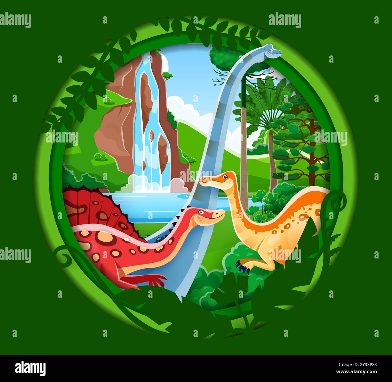Paper cut banner with cartoon prehistoric dinosaurs and Jurassic ...