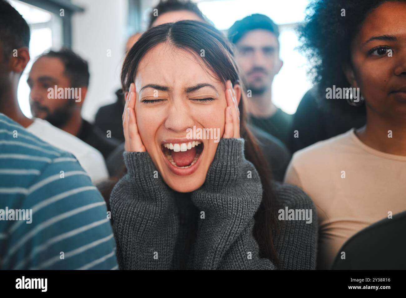 Schizophrenia, people and woman with anxiety stress for bipolar terror, shouting or mental ...