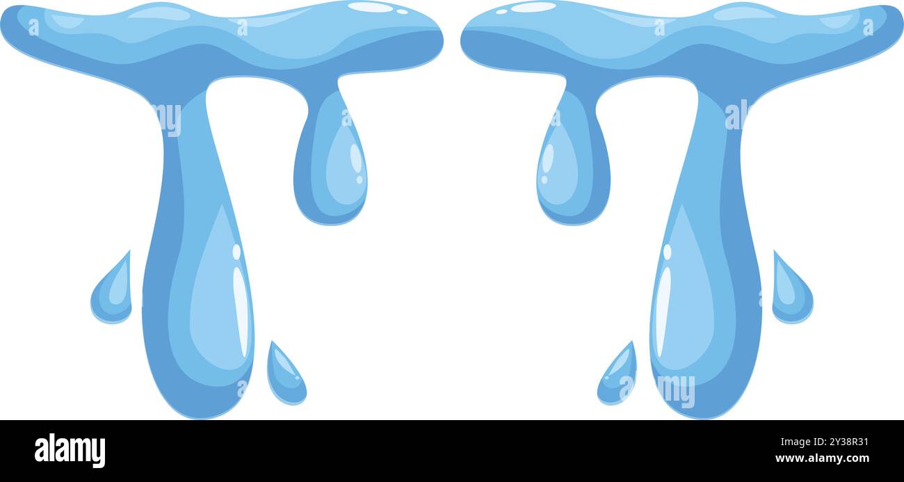Cartoon blue liquid is dripping downwards, forming droplets as it flows ...