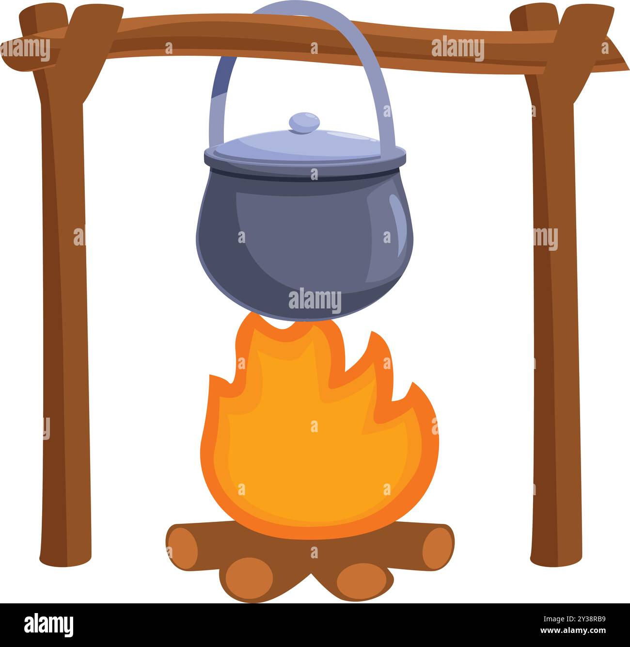 Cooking pot is hanging over a campfire on a wood pole, perfect for ...