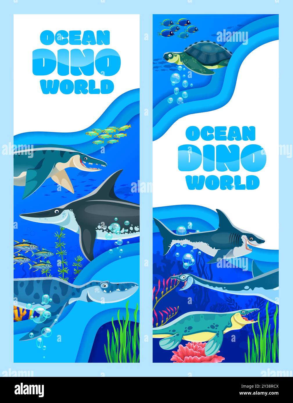 Paper cut banners with prehistoric underwater dinosaurs in the ocean ...