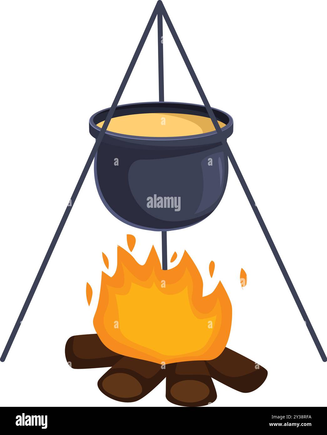 Cartoon style vector illustration featuring a black metal pot hanging ...