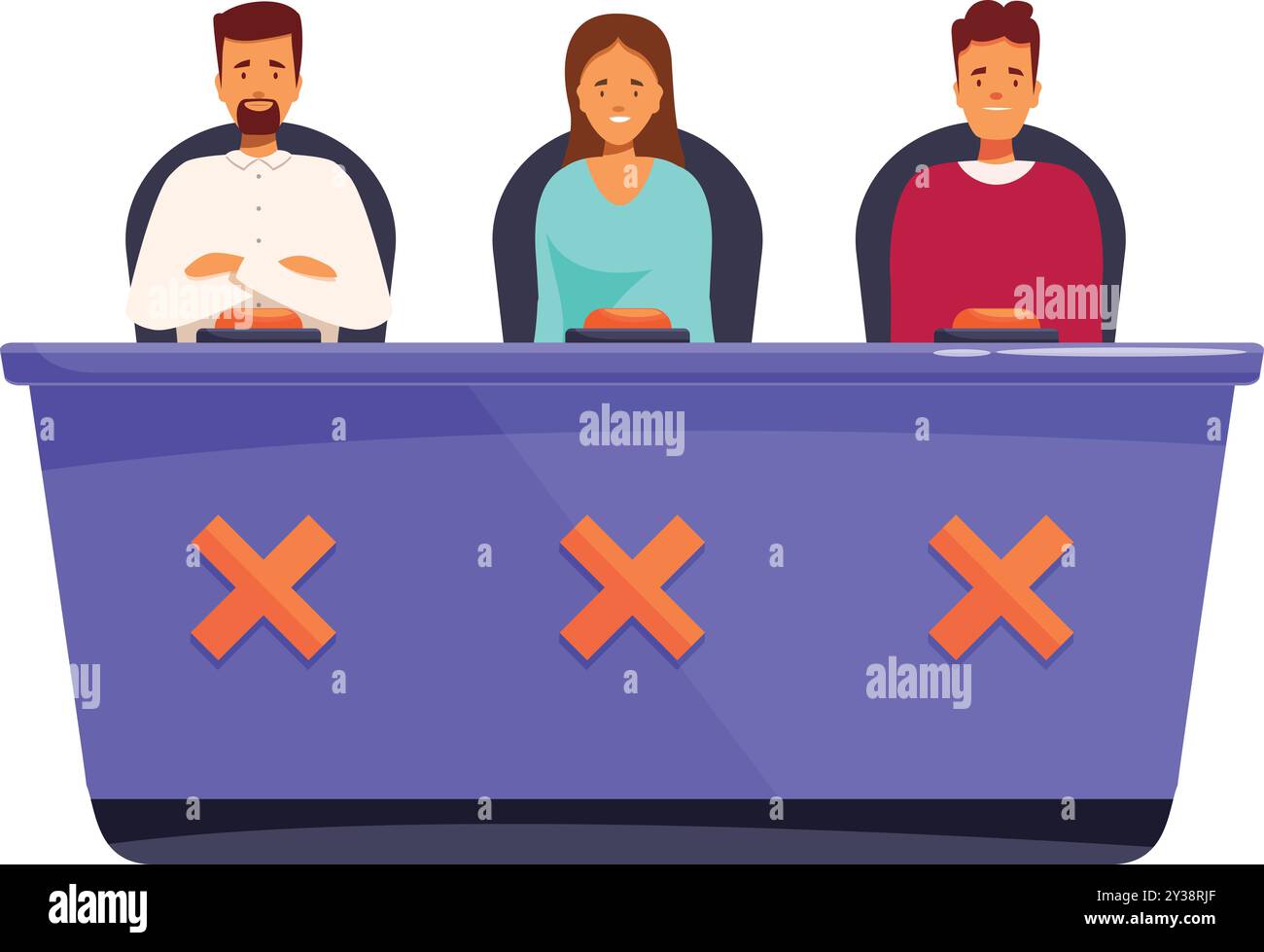 Three members of a jury sitting behind a table with buzzers, deciding ...