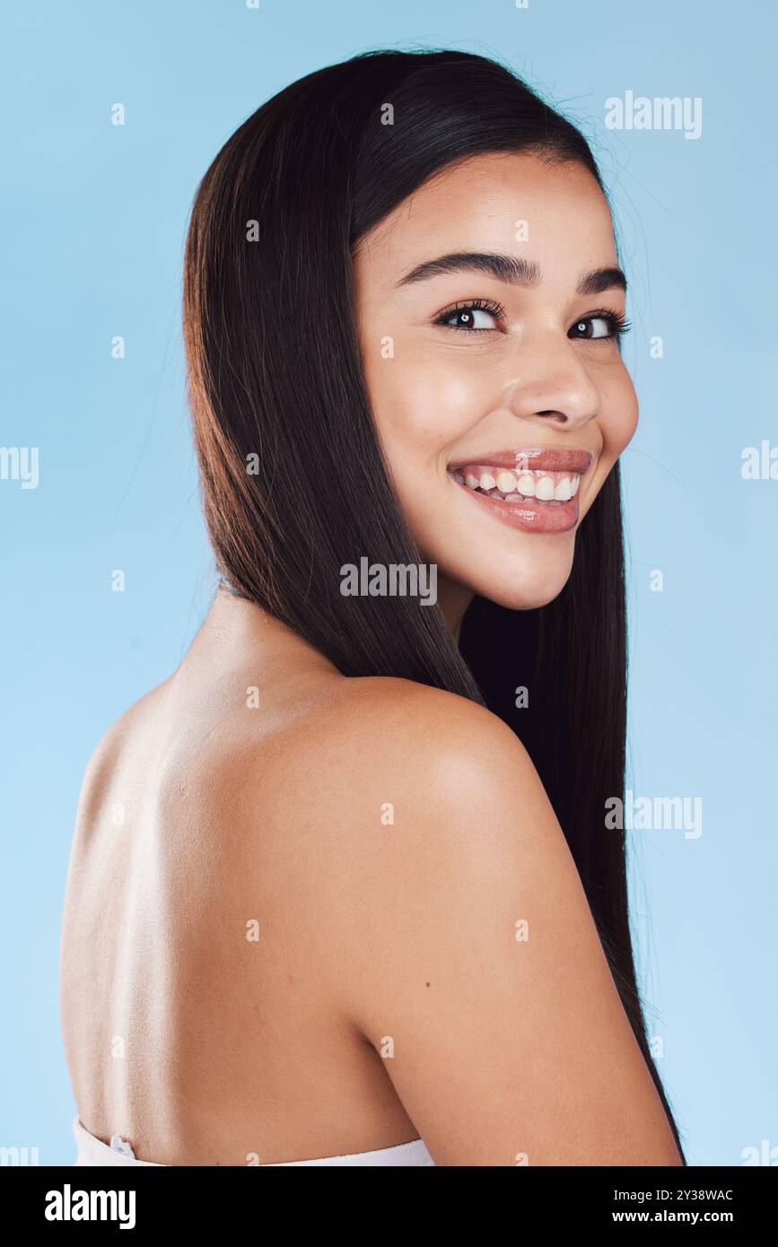 Girl, portrait and happy for skincare in studio with natural beauty ...