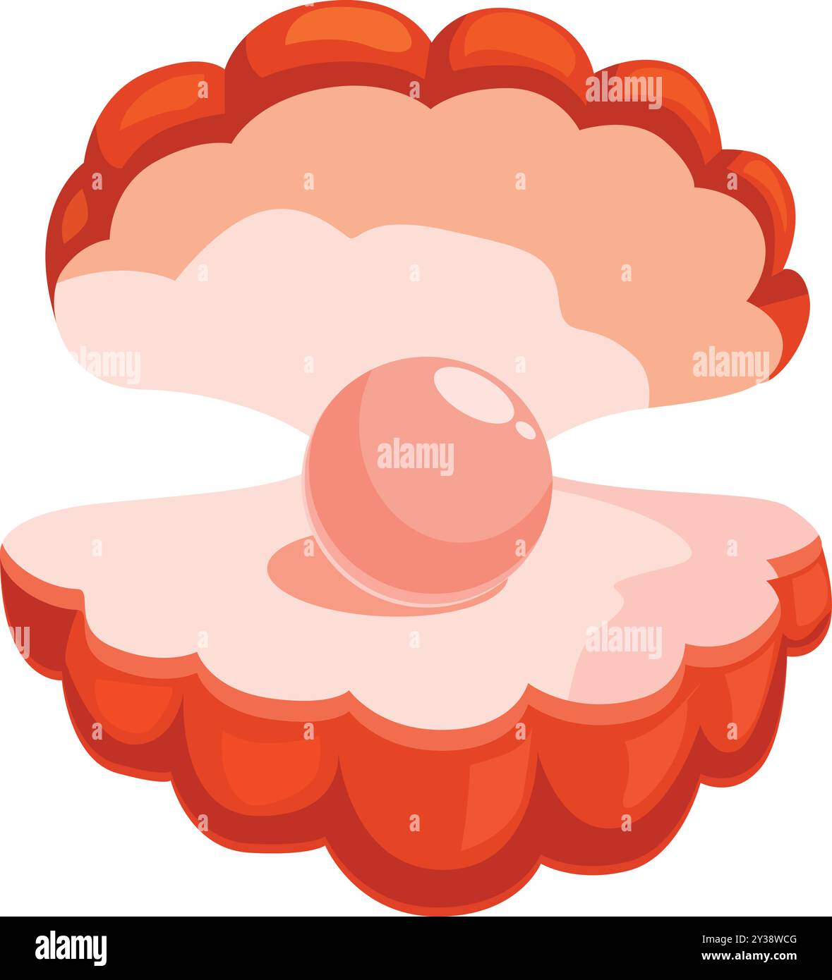 Cartoon red clam shell slightly open revealing a large pink pearl ...