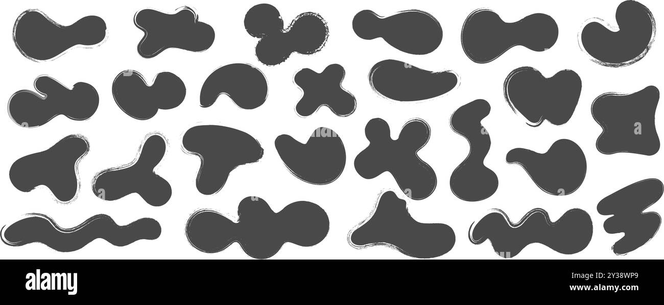 Brush stains, abstract paint shapes with grunge texture. Round black ink splashes. Irregular ...