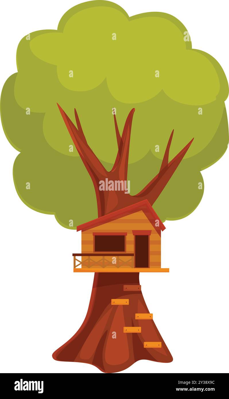 Tree house with a balcony, a door and a roof, standing on a big green ...