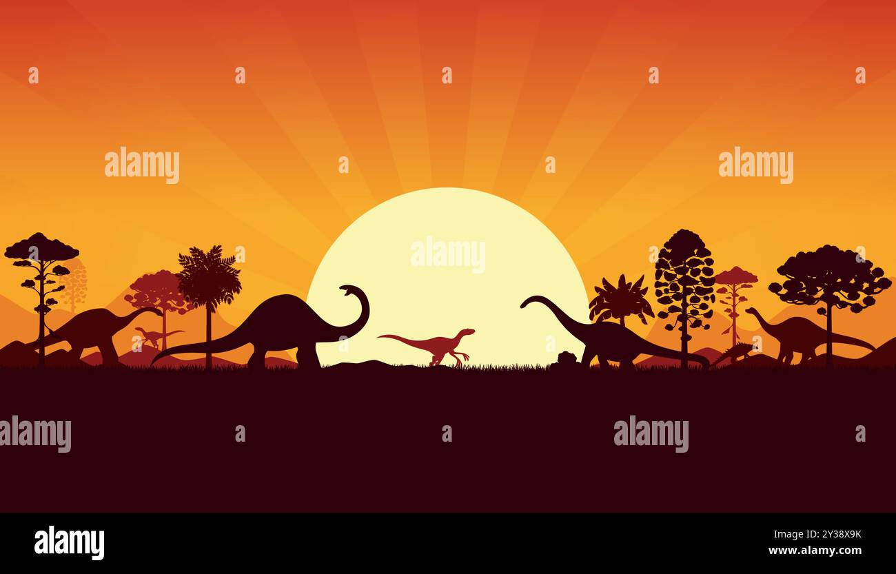 Prehistoric dinosaur silhouettes on sunset sky vector background ...