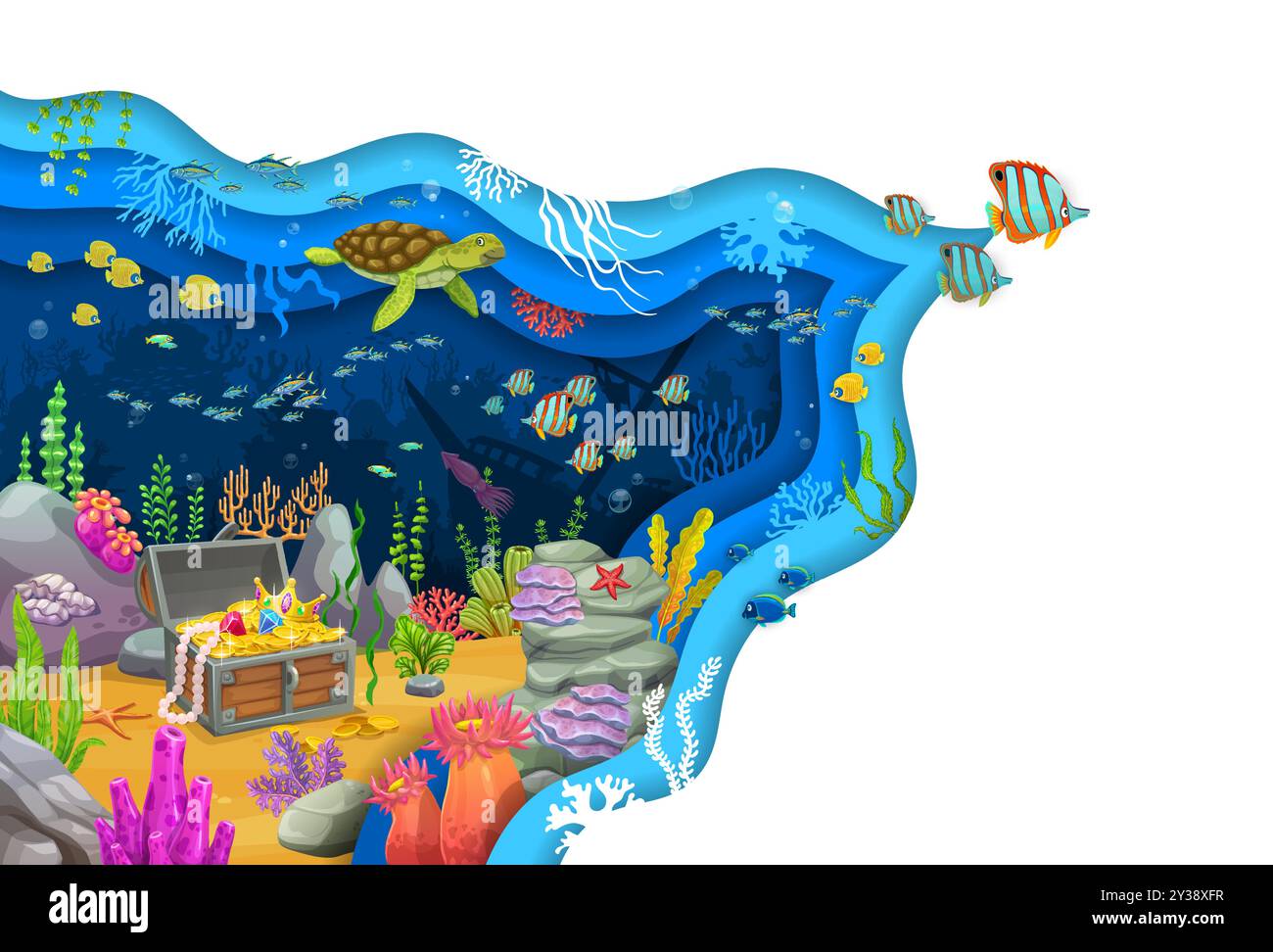 Paper cut sea underwater landscape with pirates treasure chest, vector ...