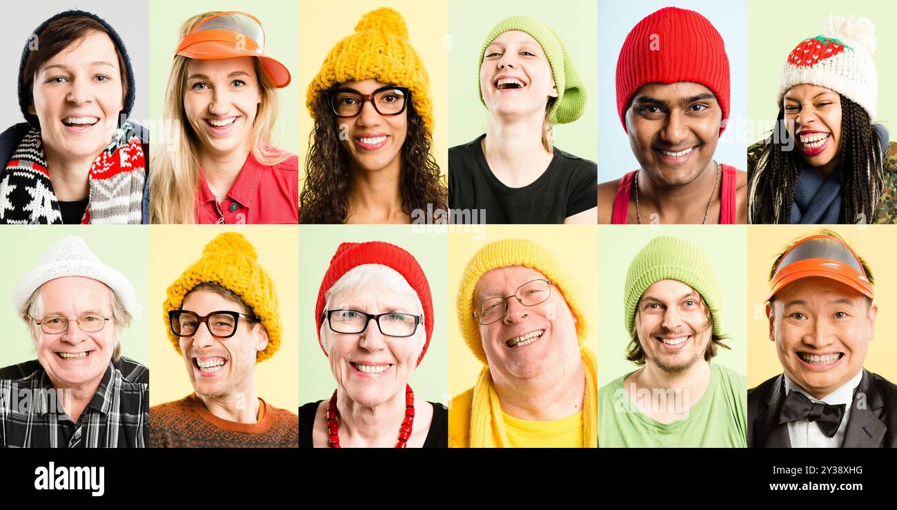 Collage, funny and face of people with silly hat day for creative work ...