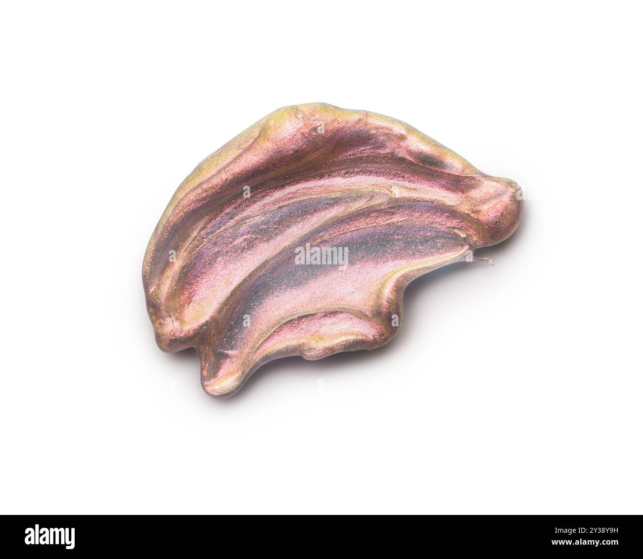 A close-up of a shimmering pink and bronze product swatch for nail art ...