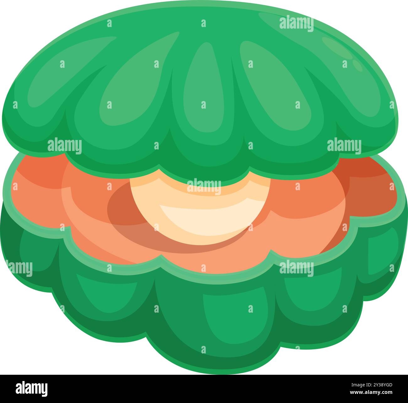 Cartoon green clam shell is open revealing a single white pearl inside ...