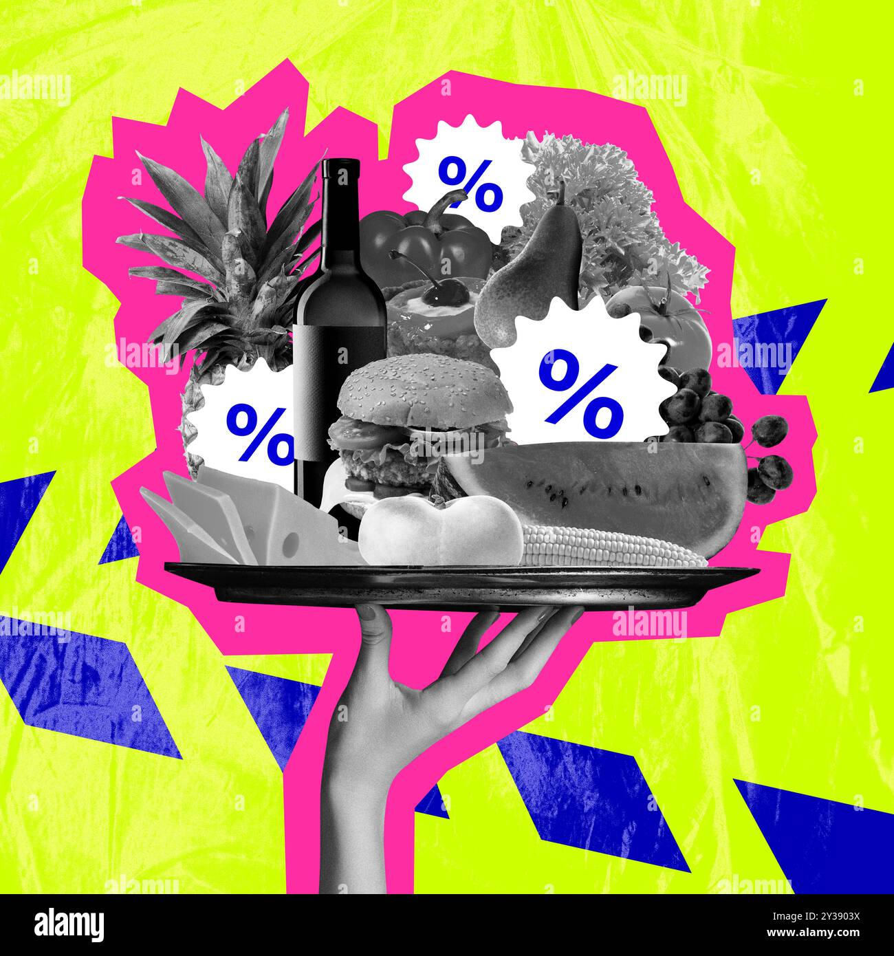 Poster. Contemporary art collage. Tray of groceries, including fish ...