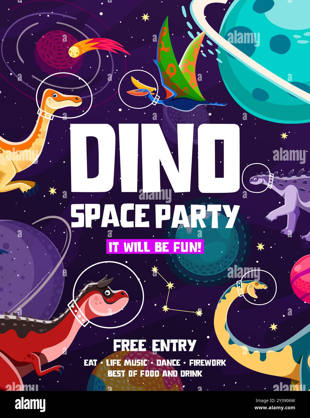 Space dino part flyer, dinosaur astronauts. Vector festive, vibrant and ...