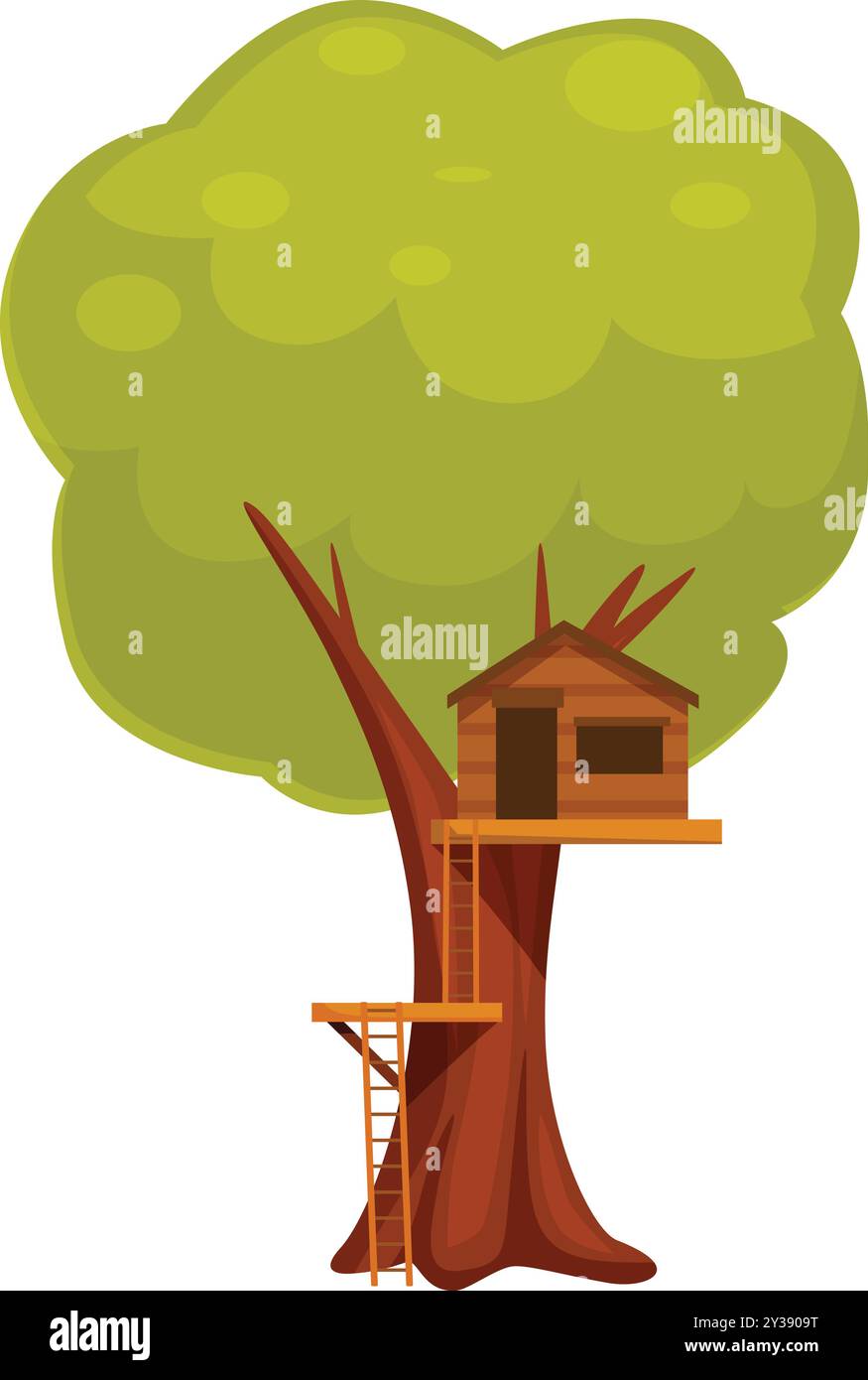 Big green tree with treehouse having wooden walls and ladder leading to ...
