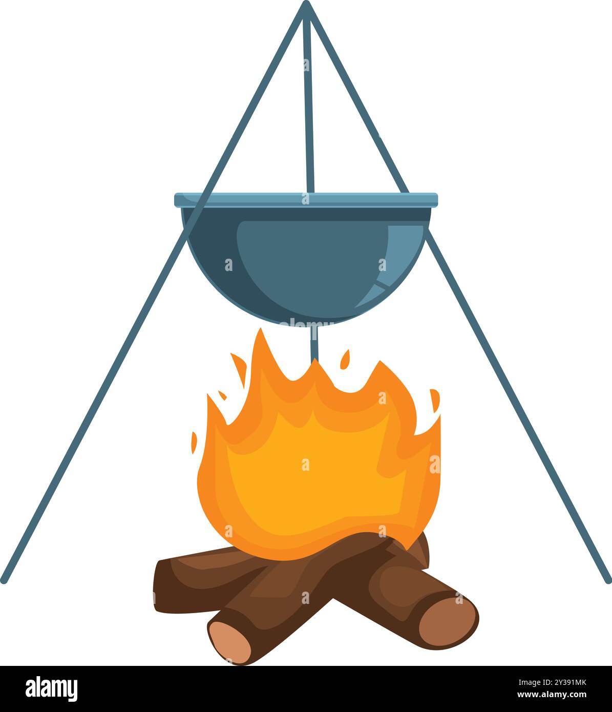 Cooking pot hanging over campfire on tripod over white background Stock ...