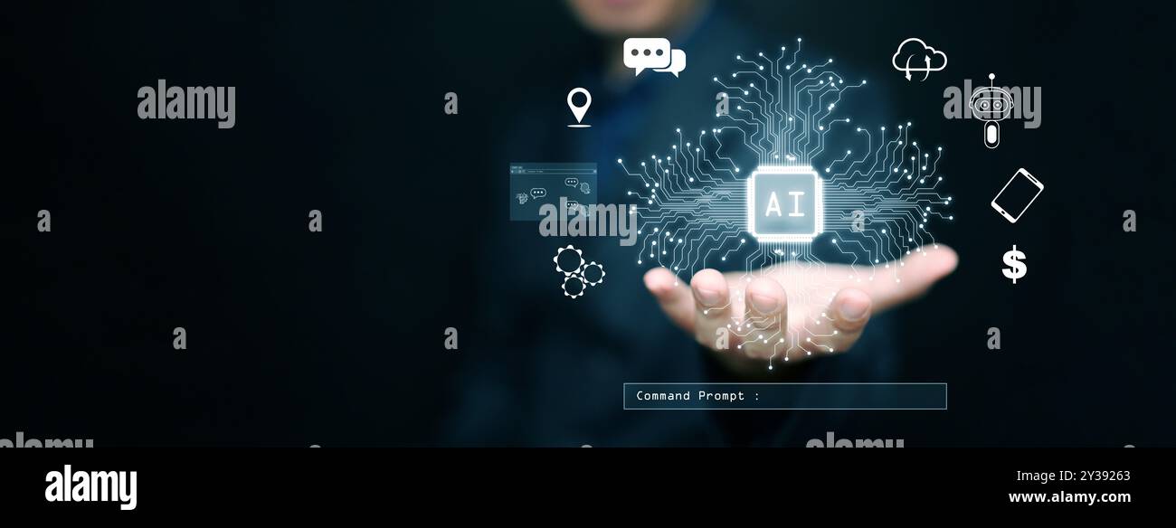 Ai technology, Artificial Intelligence. A man with AI smart chip on his ...