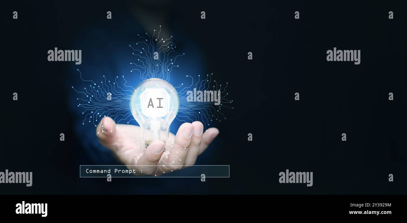 AI technology concept. Man with illuminated light bulb with smart Ai ...