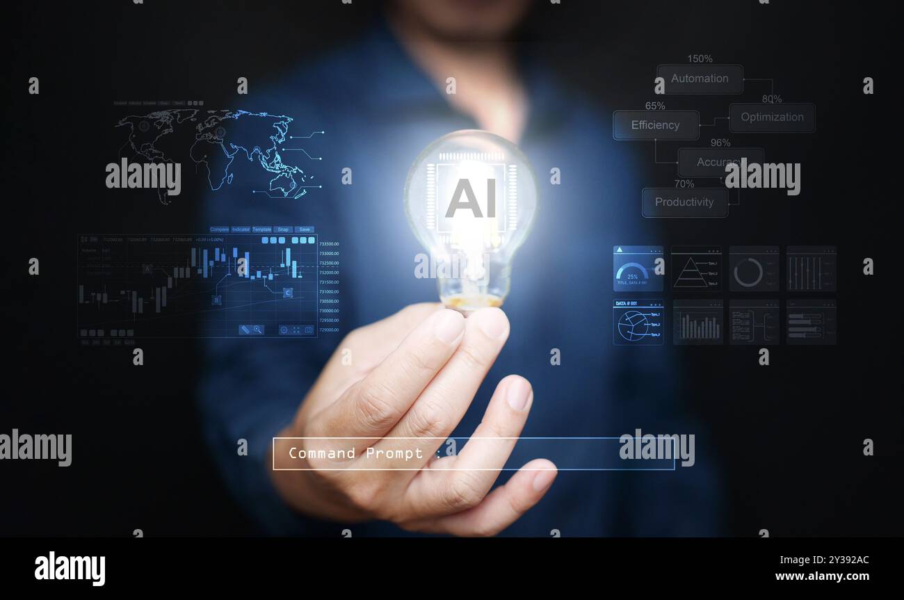 AI technology concept. Man holds illuminated light bulb with smart Ai ...