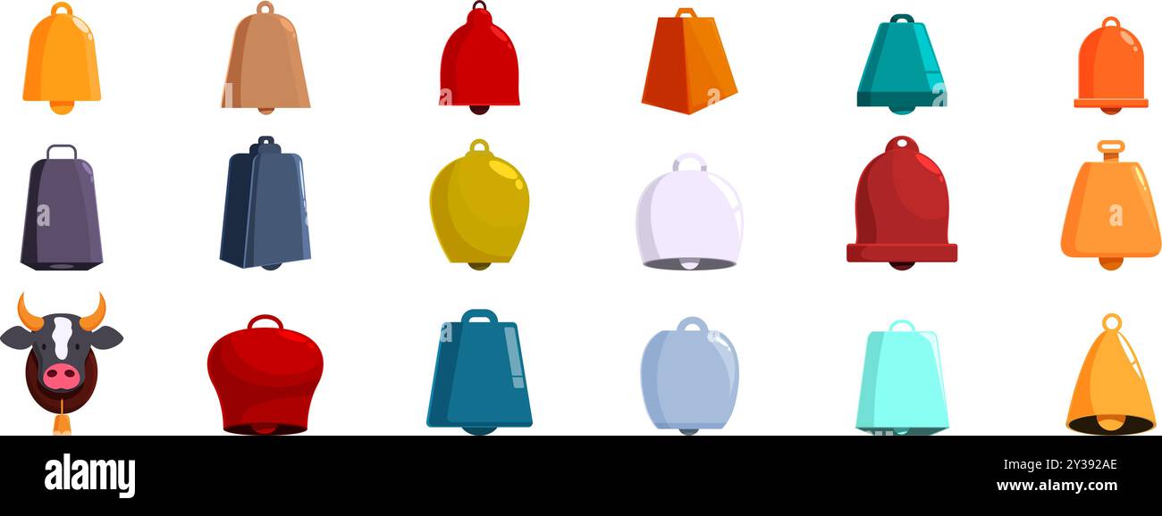 Cowbell icons set. Set of colorful cowbells showing different shapes ...
