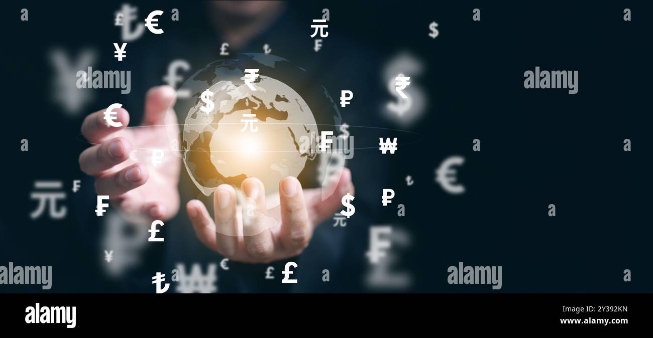 Global currency exchange and money transfer concept. Hand holding a ...