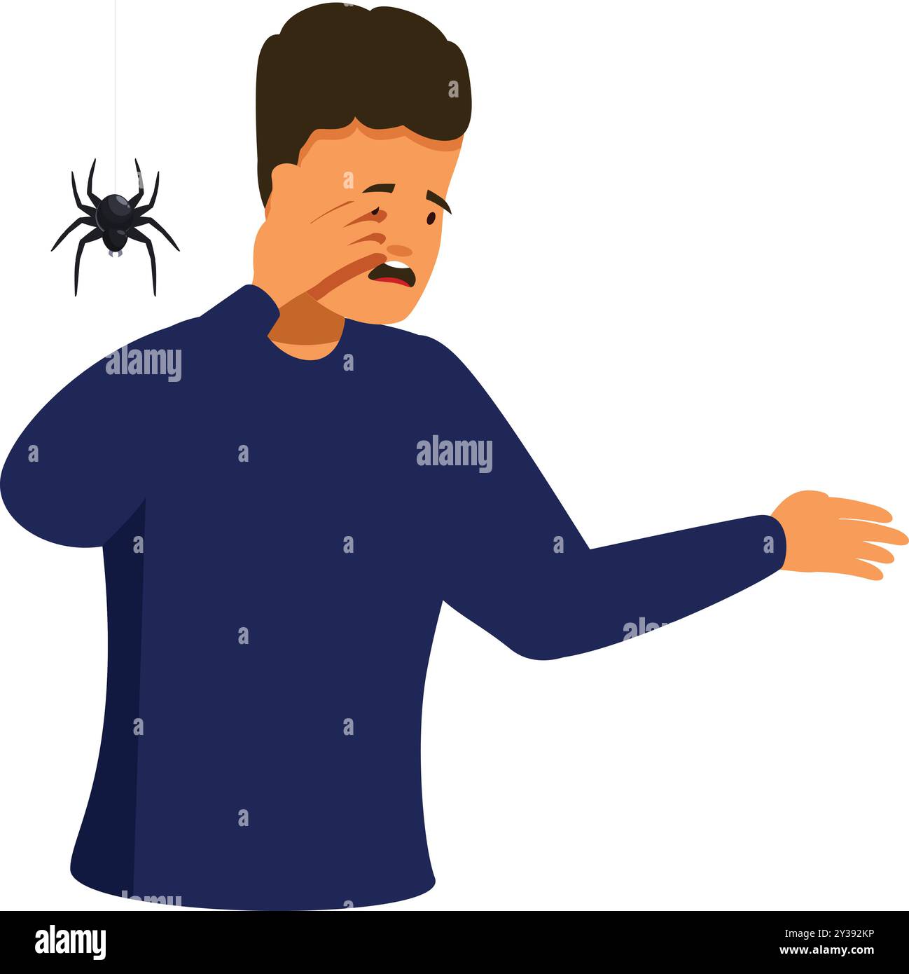 Terrified Man Is Covering His Face From A Spider Hanging On A Web Stock